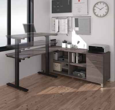Pro Linea Adjustable Height Reversible L-Shaped Desk with Open Shelves ...